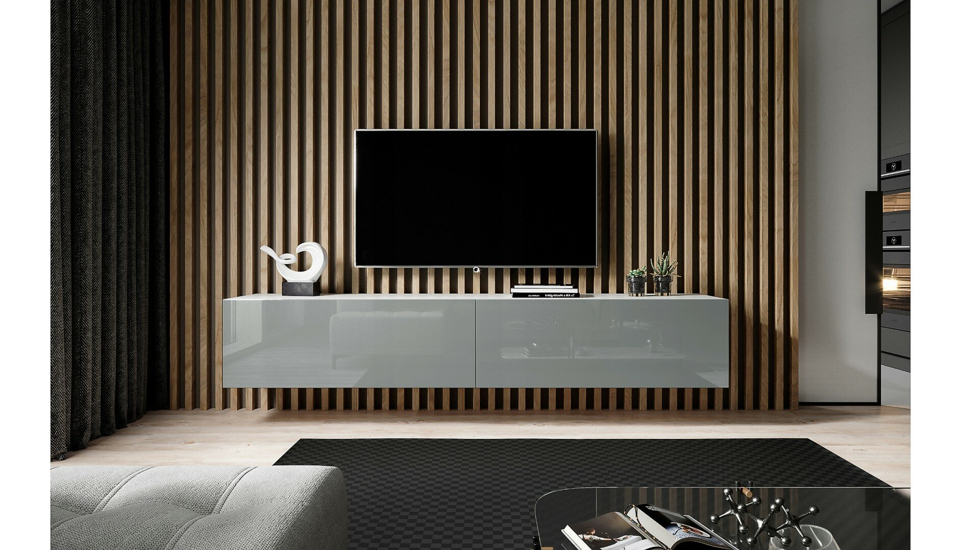 ТВ-тумба Виго большая МДФ Светло-серый DM811-6Т / Белый Фасадный 0101 NEW 180x42x30 см, Дом мебели для вас