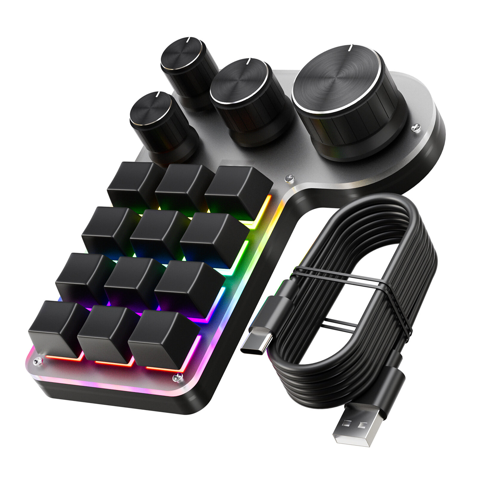 Программируемая макрос-клавиатура 12-Keys 4 Knob Gaming Keypad с USB Wired+BT Mode Многоцелевой ярлык настраиваемой клавиатуры для ПК Desktop Черный Белый (Доступно) ABS 12KV4 200mAh 14.8*11.8*3cm 242g
