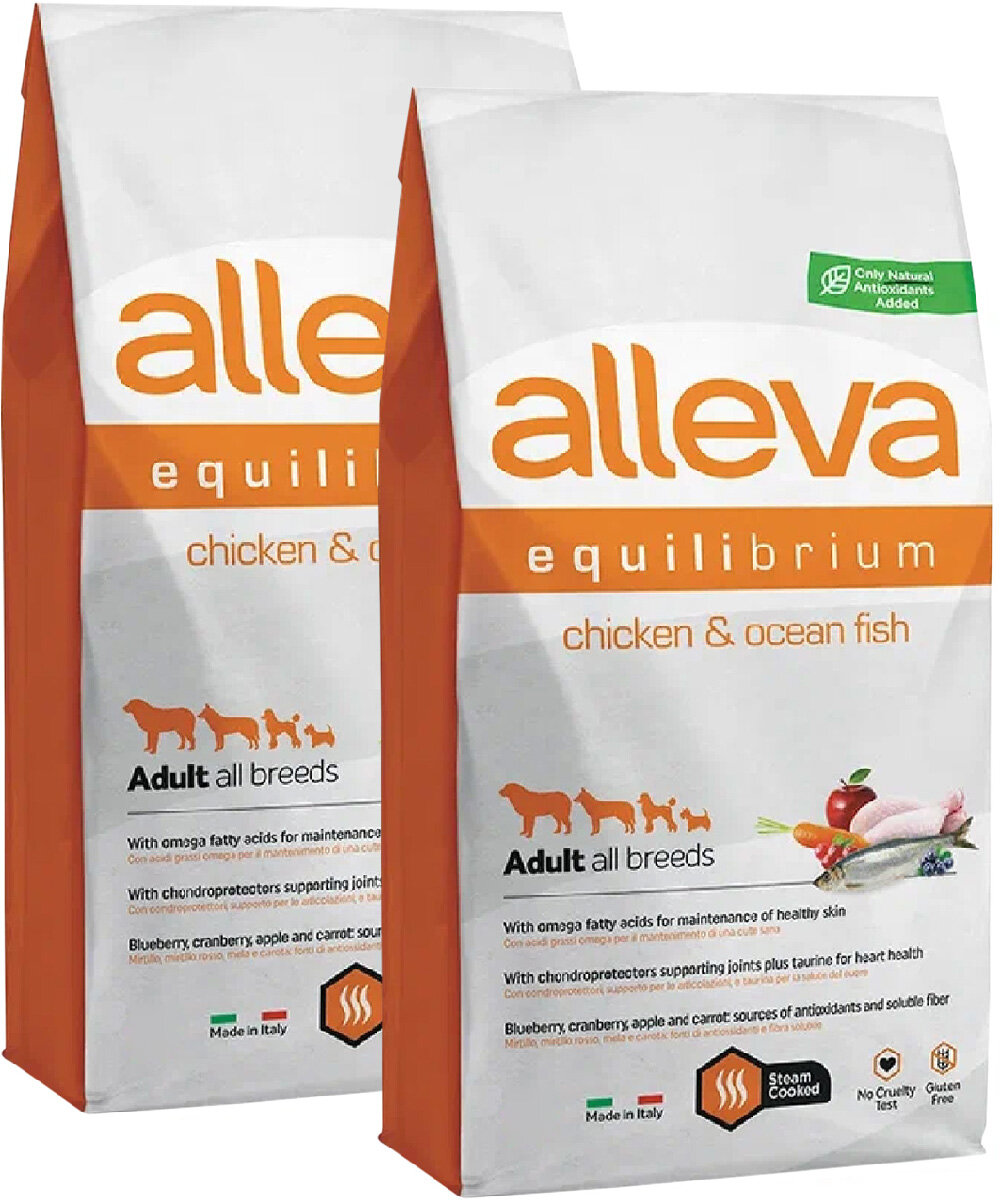 ALLEVA EQUILIBRIUM ADULT DOG ALL DAY MAINTENANCE CHICKEN & OCEAN FISH для взрослых собак всех пород с курицей и океанической рыбой (12 + 12 кг)