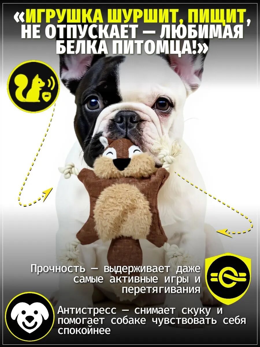 Мягкая, шуршащая игрушка для собак "Белка" с пищалкой. Интерактивная игрушка с канатом для здоровья клыков и десен собак.