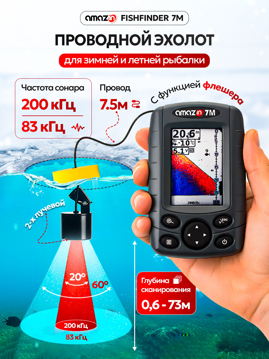 Эхолот для зимней рыбалки и летней с лодки Amazin FF7M с функцией флешер