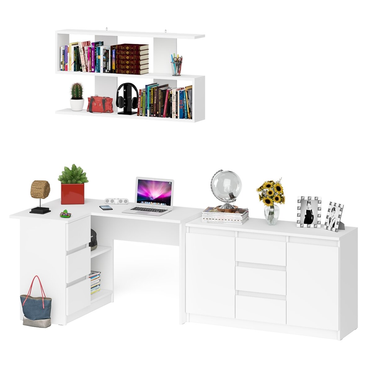 Угловой компьютерный стол Мори МС-16 левый с полкой и тумбой-комодом 1200-3 белый, 244,8х84,9х209,6 см