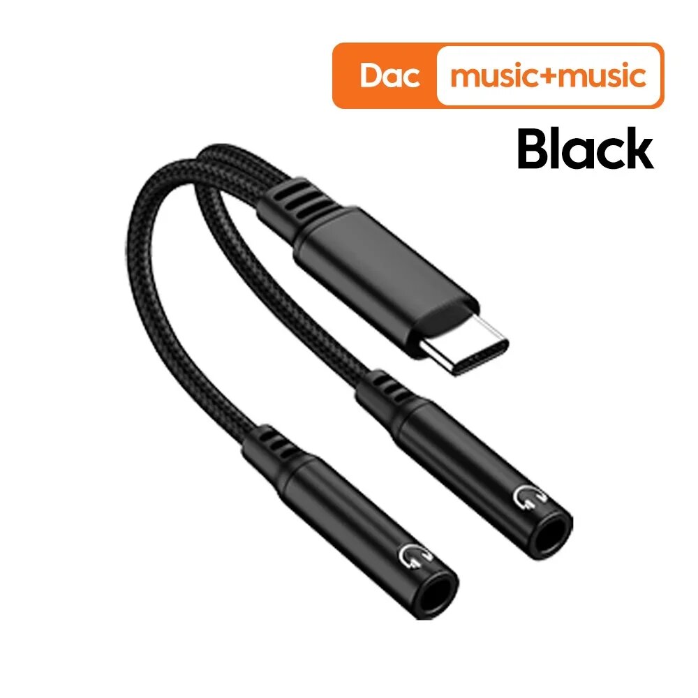 Аудиокабель USB Type-C 2 в 1 Black music+music