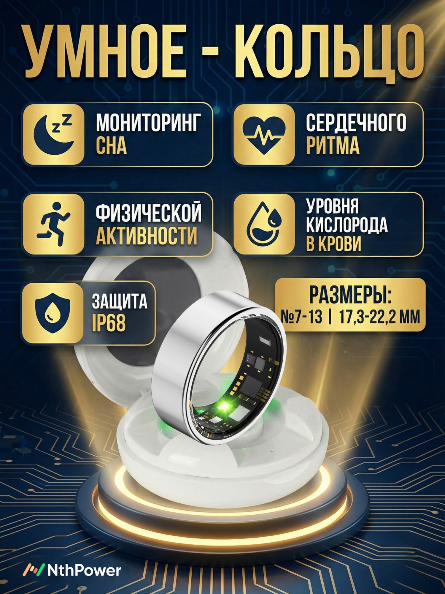 Умное кольцо Smart Ring с зарядной базой, мониторинг сна и пульса, HRV, SpO , 100+ спортивных режимов, IP68