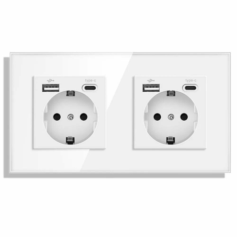 Розетка электрическая 2 поста, с Usb/Type-C АC, рамка 157х86мм стекло, цвет белый