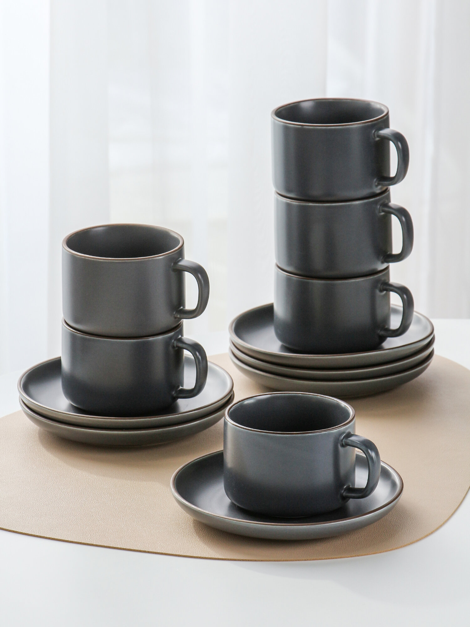 Набор чайных пар Монохром 12 предметов на 6 персон, керамика 220 мл, серый графит, для СВЧ и посудомойки B060506