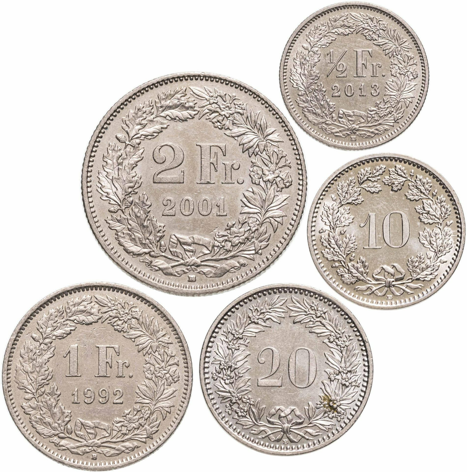 Швейцария набор монет 1968-2013 5 штук, Мельхиор медь-никель, в сохранности VF-XF