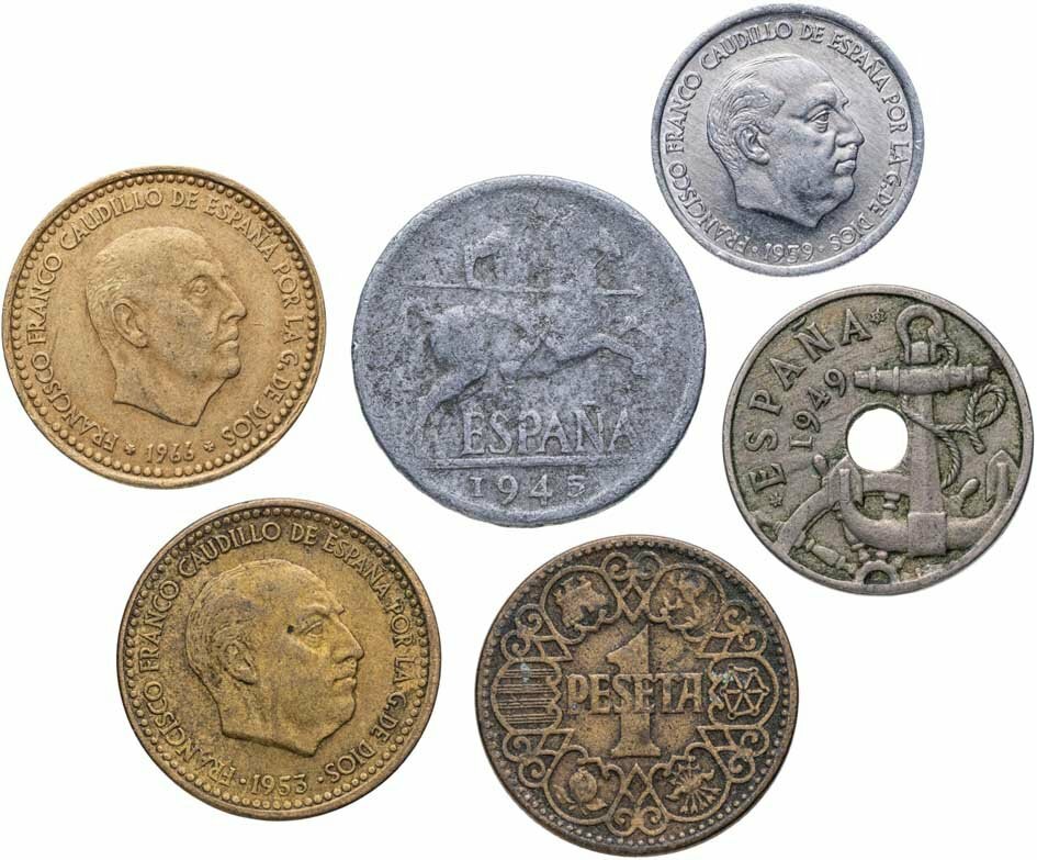 Испания набор монет 1940-1966 6 штук Каудильо Франсиско Франко, Алюминий, Алюминиевая бронза, Мельхиор, в сохранности F-XF
