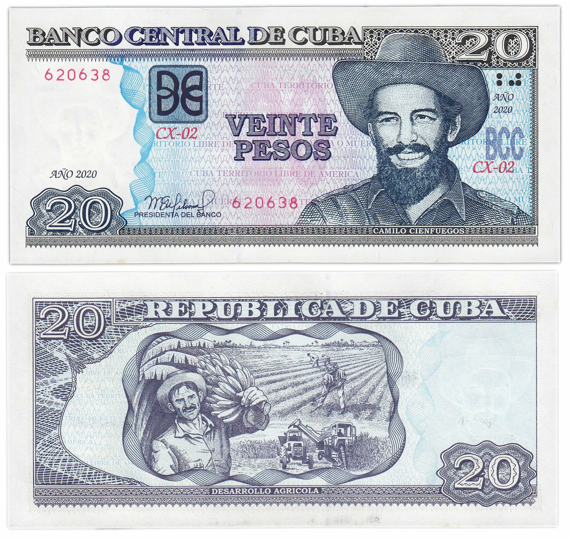 Куба 20 песо 2020 год "Сбор бананов, Развитие сельского хозяйства" Р-122