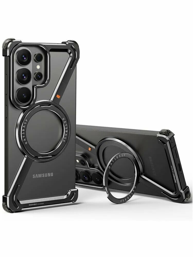 Минималистичный чехол OATSBASF для Samsung Galaxy S26 Ultra, вращающийся на 360, подставка, алюминиевый металлический чехол-бампер без рамки, черный