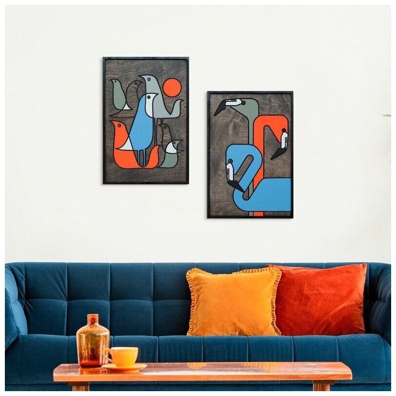 Настенное панно/декор из дерева для дома и офиса Птицы (2 модуля)