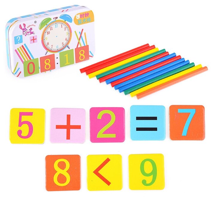 Счетный материал деревянный в металлической коробке, в наборе цифры на магните 20 шт, счетные палочки 50 шт