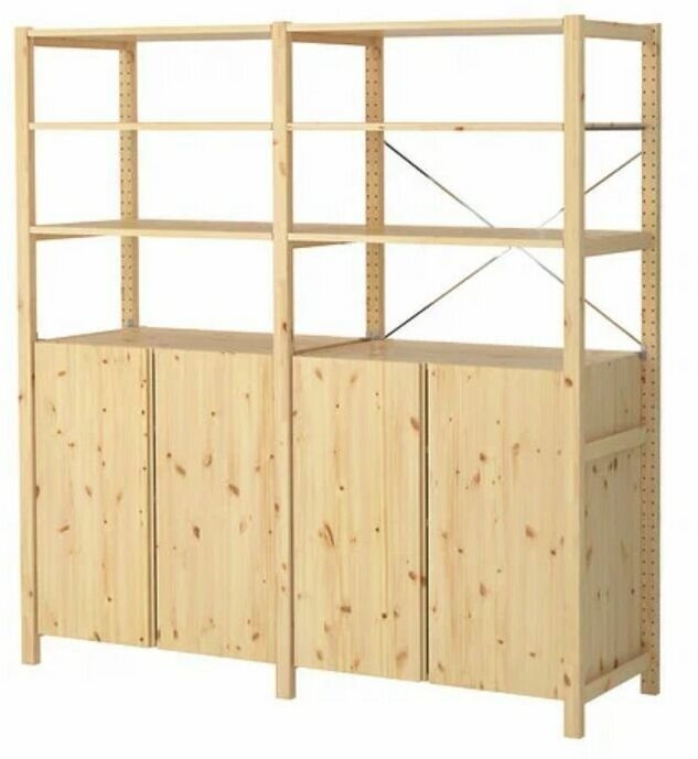 Стеллаж деревянный напольный двухсекционный с открытыми и закрытыми полками (шкафами) IKEA Ivar 174×30×179 см