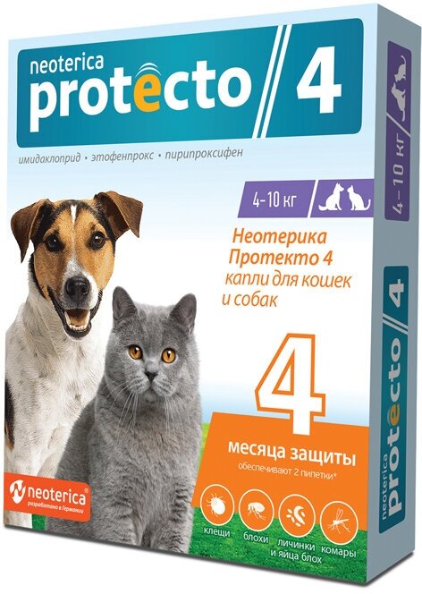 NEOTERICA PROTECTO Капли от клещей и блох для кошек и собак до 4-10 кг, 2 пипетки
