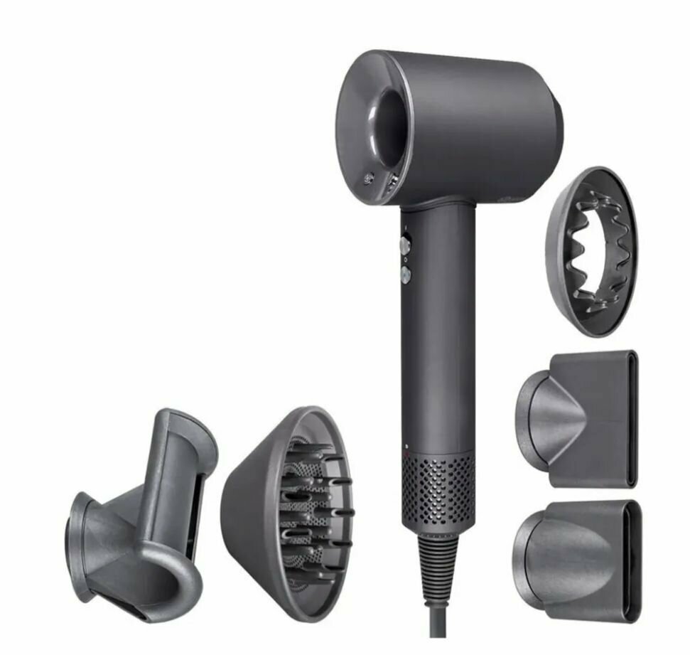 Фен для волос 1600W набор насадок 5 штук, серебристый