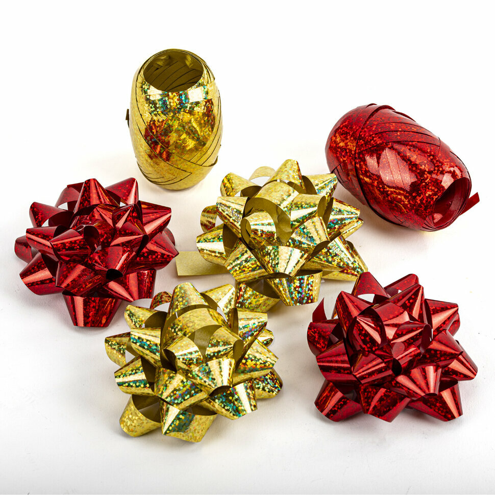 Набор для декора и подарков 4 банта, 2 ленты, голография, цвета красный, золото, золотая сказка, 591849, 591849