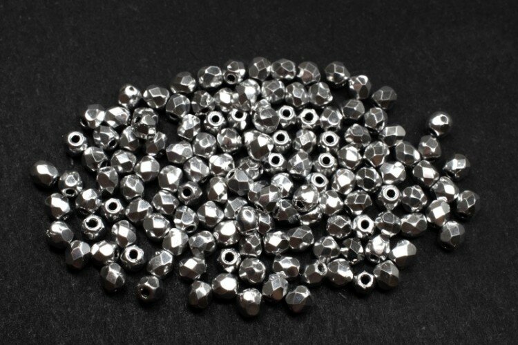 Бусины граненые Firepolish 3мм, отверстие 0,7мм, цвет 23980/27000 серебро, 713-089, 50шт