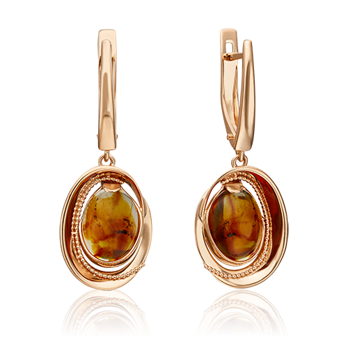 Серьги, красное золото, 585 проба, янтарь