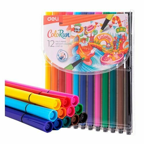 Фломастеры Deli EC157-12, 12 цв, пакет с европодвесом