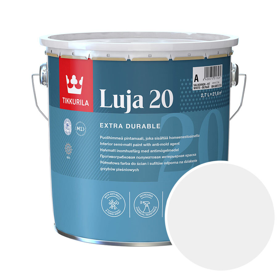 Краска моющаяся Tikkurila Luja Extra полуматовая RAL 9003 (Сигнальный белый - Signal white) 2,7 л