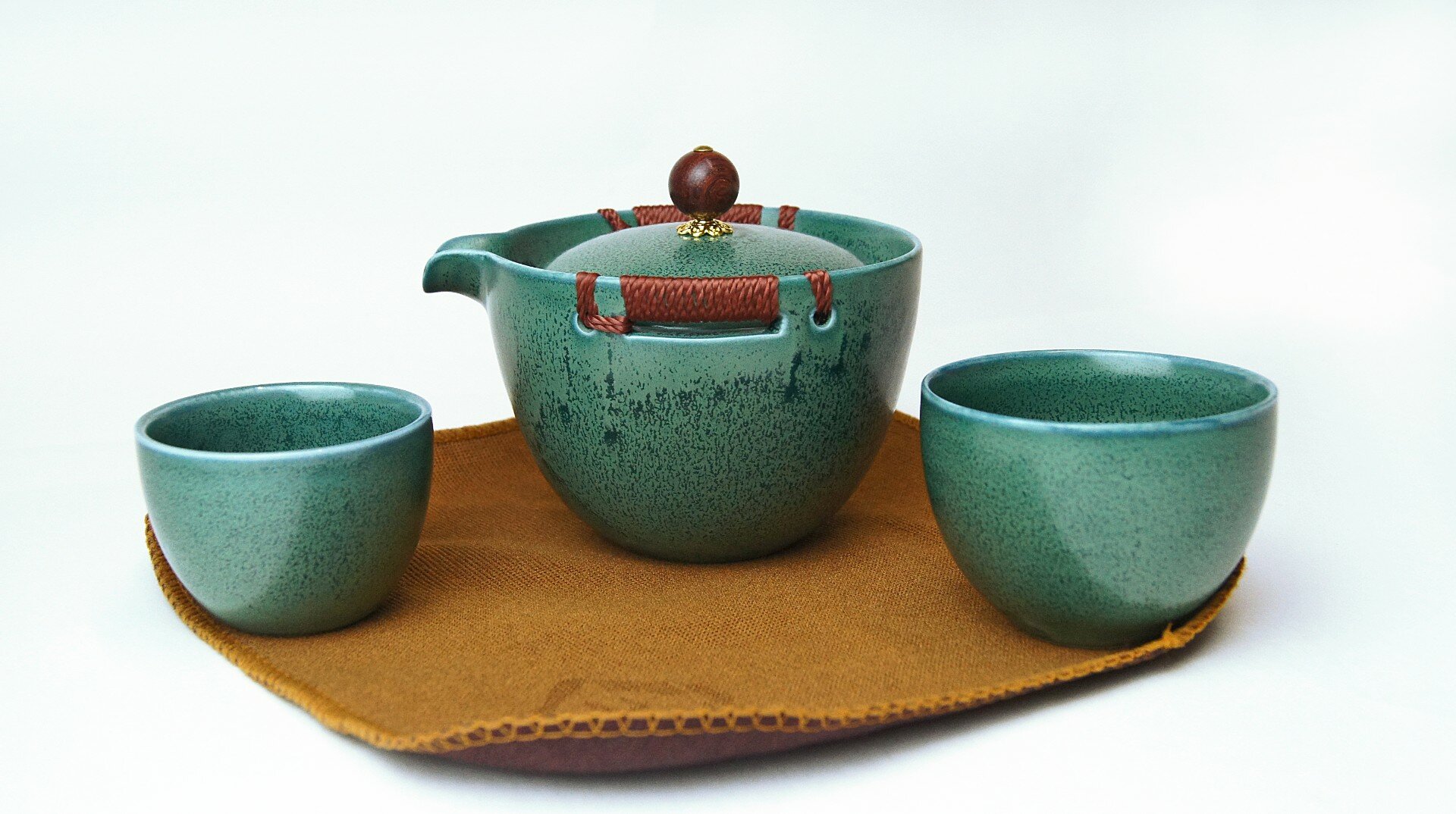 Чайный сервиз дорожный - Каменный, бирюзовый, керамика, 3 предмета