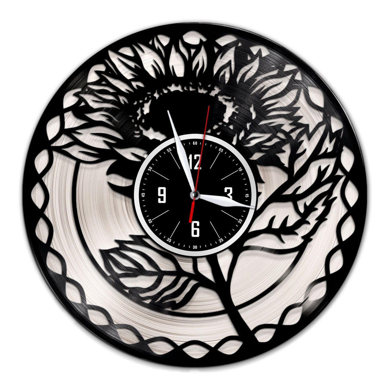 Подсолнух - настенные часы из виниловой пластинки (с серебряной подложкой)