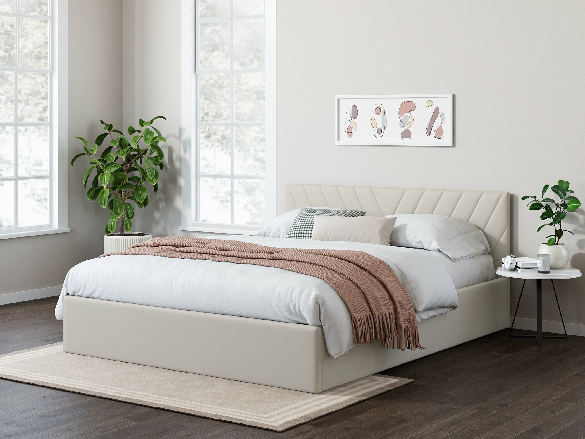 Двуспальная кровать 120х200, "Emma" с мягким изголовьем для дома, для спальни, ортопедическое основание. Велюр Белый (без подъёмного механизма) Enigma 01