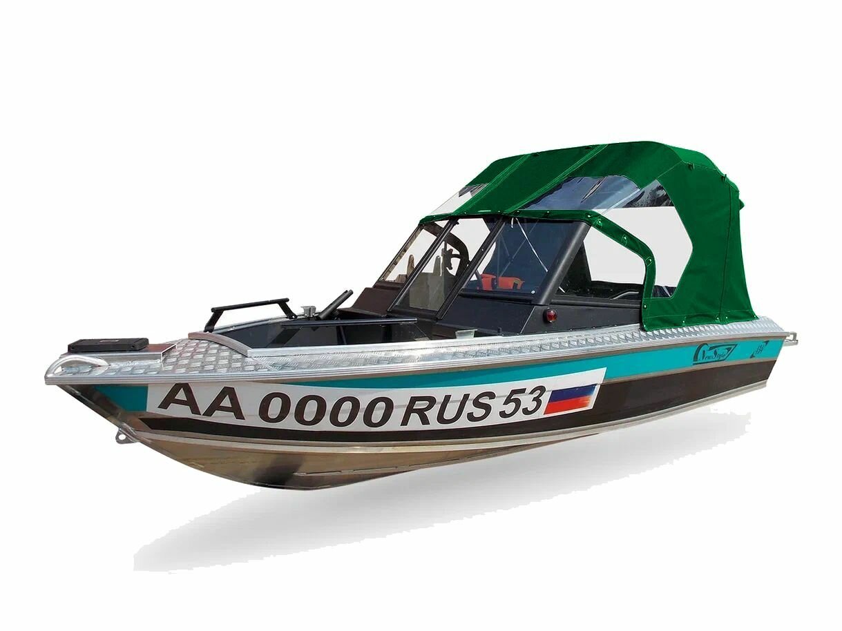 Вельбот 434НС / Wellboat 434NS. Тент с дугами с креплениями для стекла с калиткой