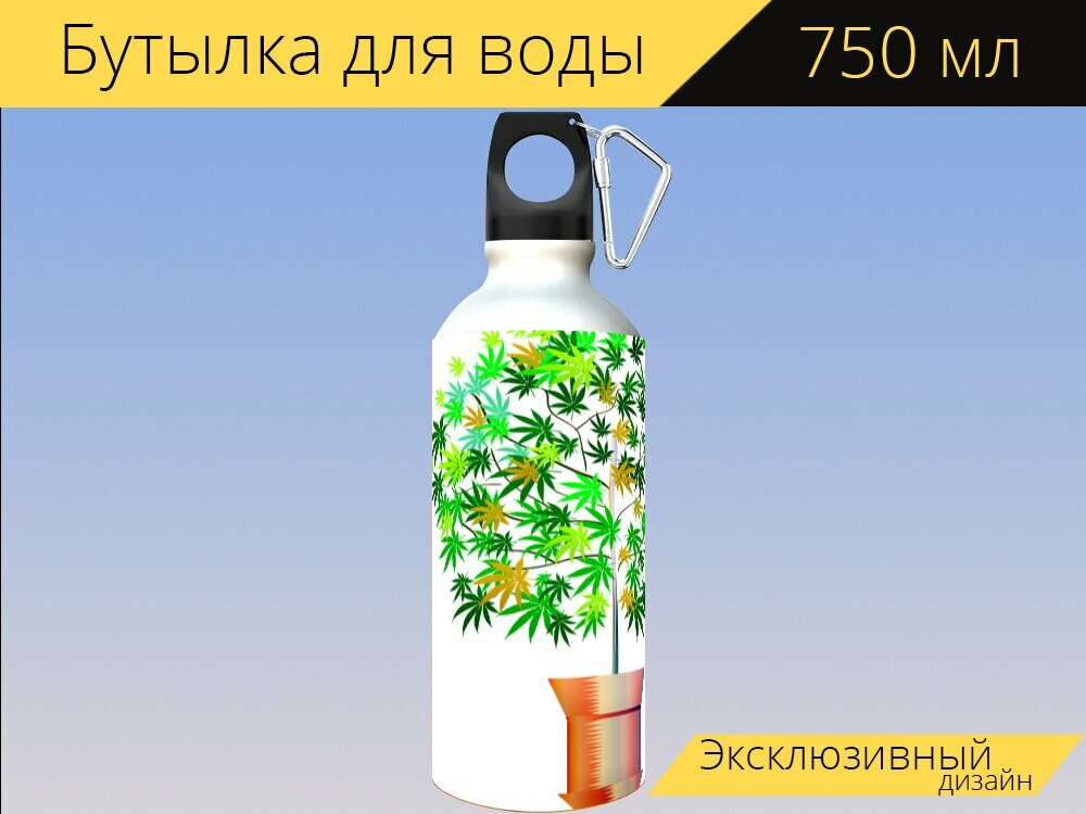 Бутылка фляга для воды "Клен дерево в горшке, дерево, клен тень" 750 мл. с карабином и принтом