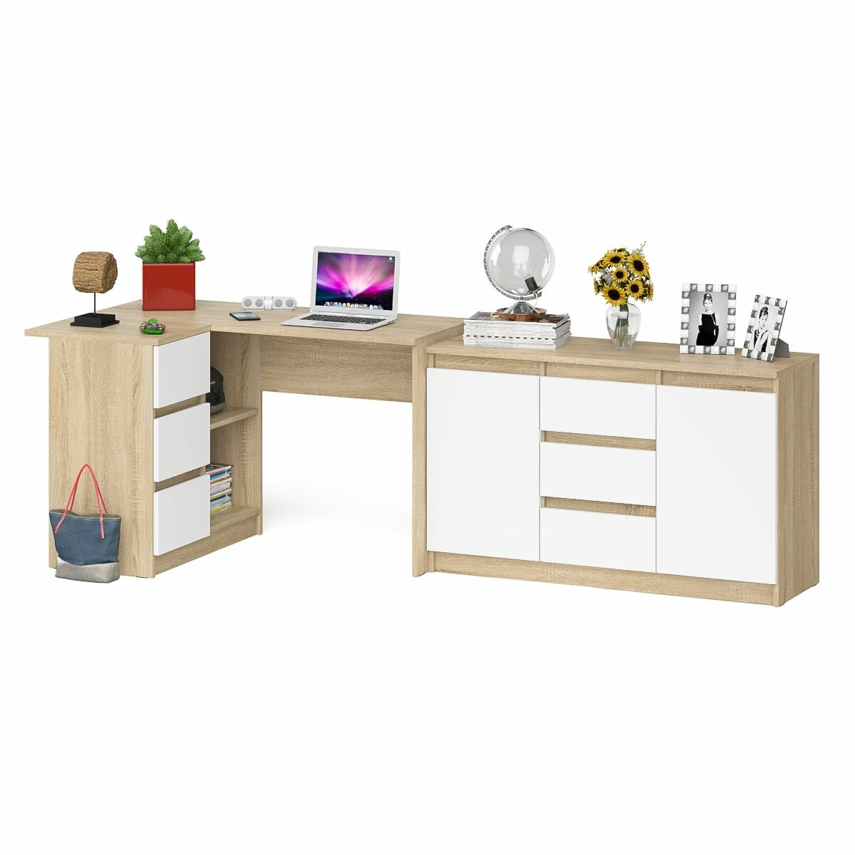 Тумба-комод ящики по середине и дверки по бокам СВК Мори МК00. и стол компьютерный левый дуб сонома/белый,