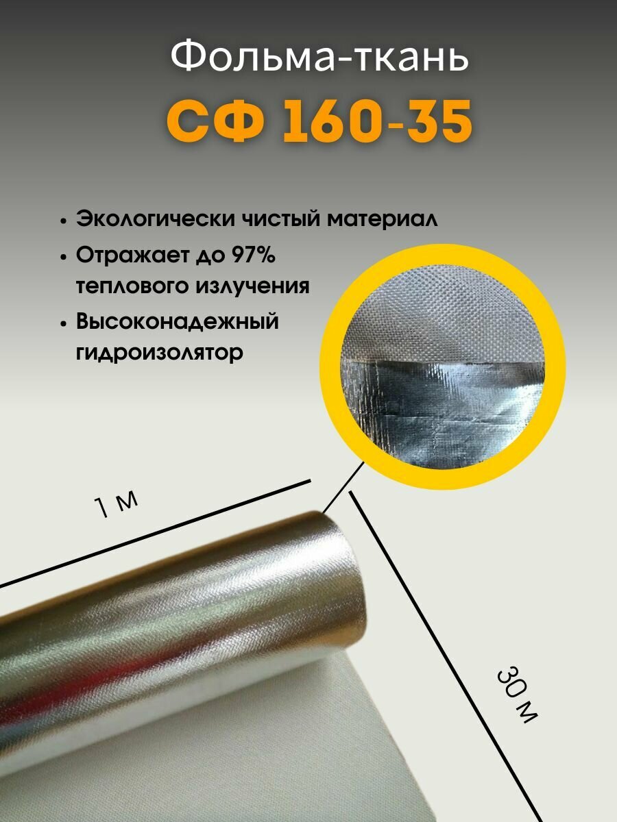 Фольма-ткань СФ 160-35. Строительный утеплитель, изолятор. Стеклоткань покрытая алюминиевой фольгой, 30 метров