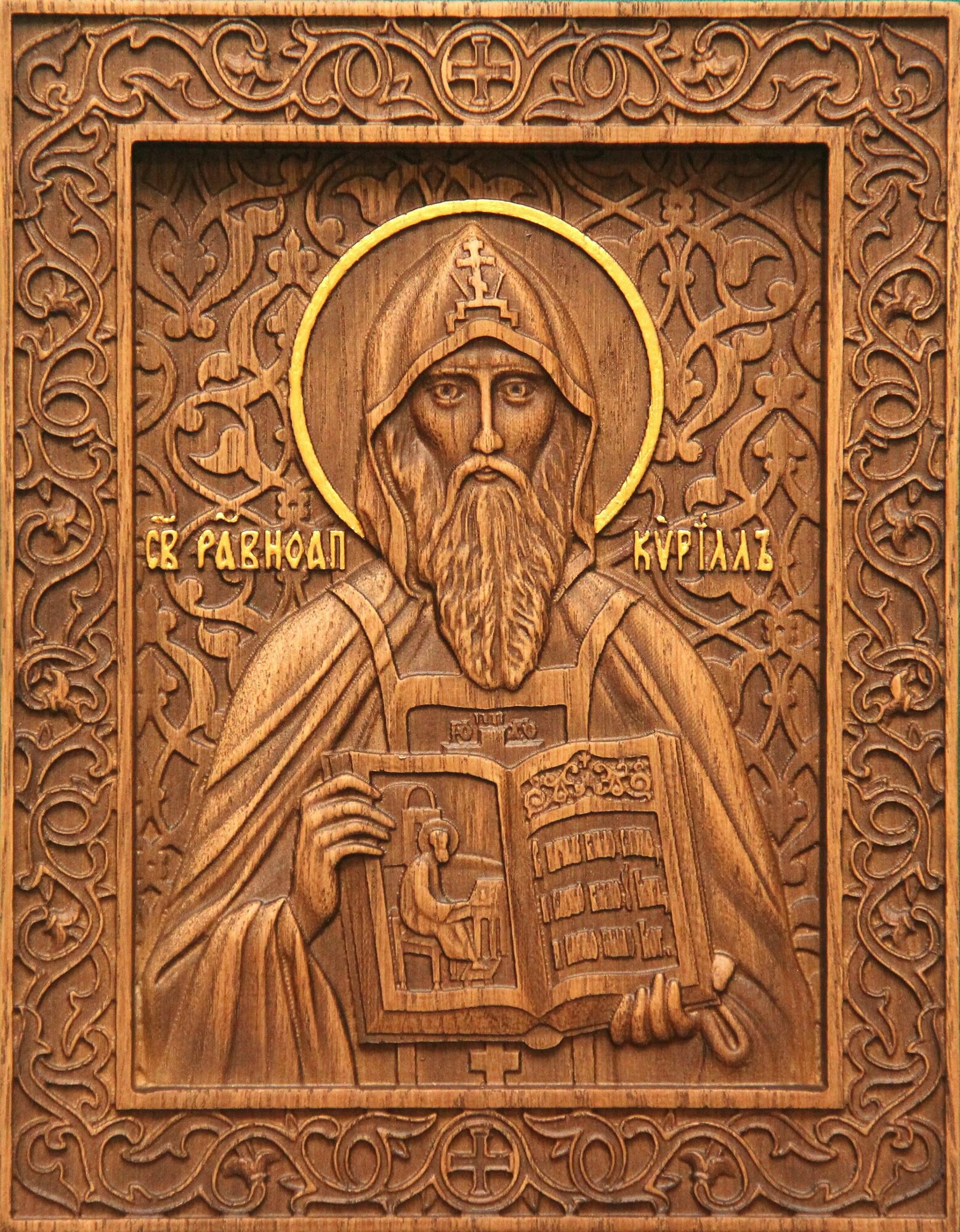 Икона Кирилл Философ, Моравский, Равноапостольный, резная из дуба, 16,5х21 см