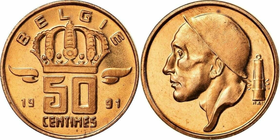 Бельгия 50 сантимов, 1956-2001 Надпись на голландском - 'BELGIE' Шахтёр XF