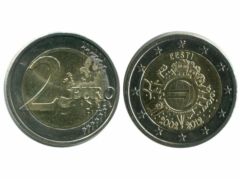 2 Евро Эстонии 2012 Г, 10 Лет Наличному обращению Евро