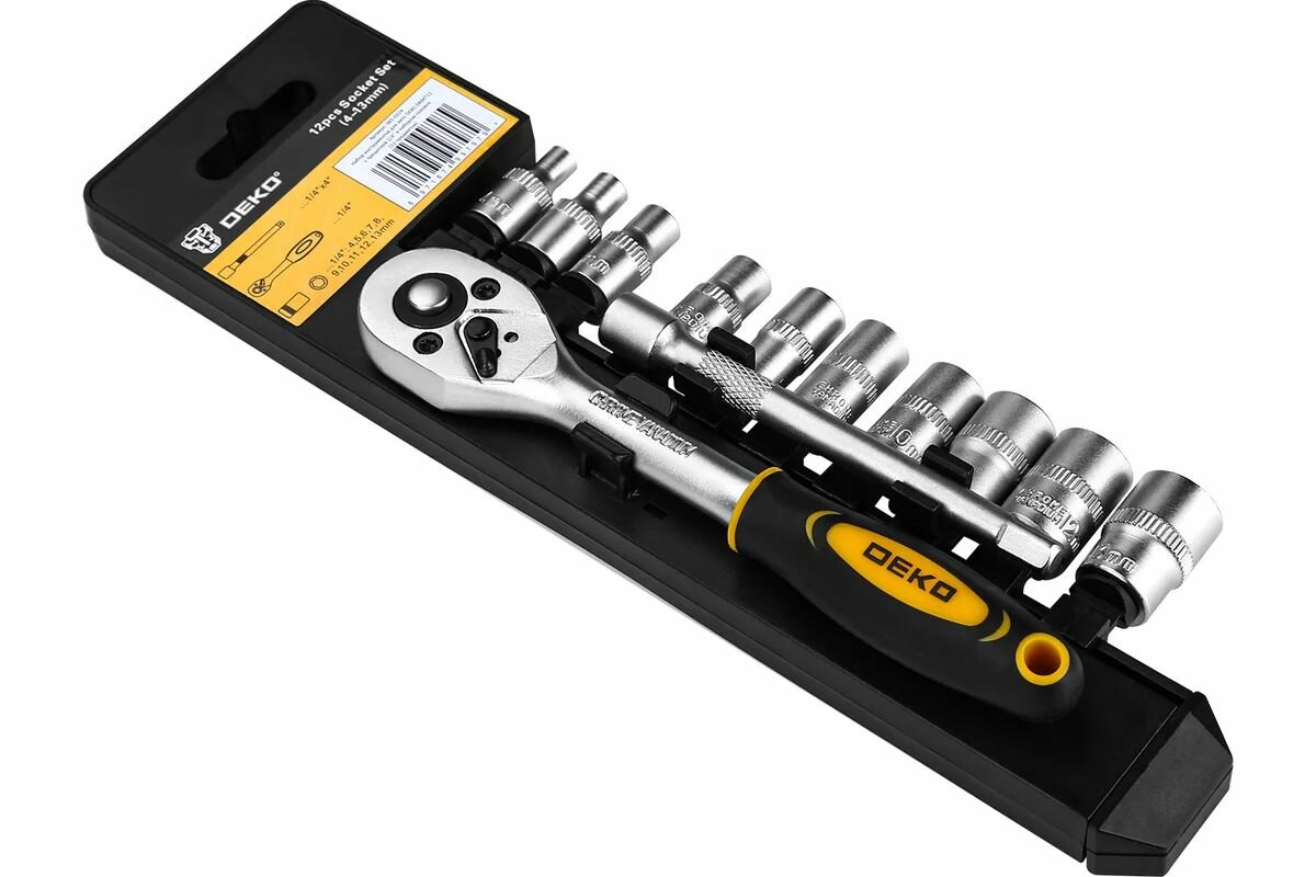 Набор инструментов для авто DEKO DKMT12 с трещоткой 1/4 и набором головок, 12 предметов 065-0324