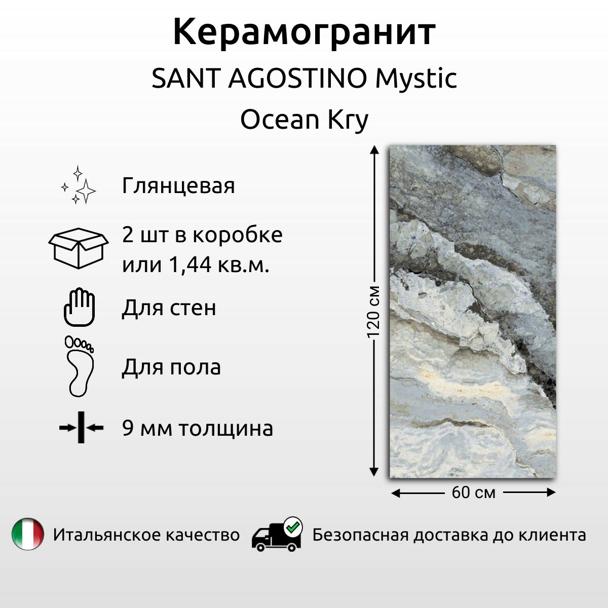 Керамогранит SANT AGOSTINO Mystic Ocean Kry 60x120, глянцеый, 1,44 кв. м ( 2 шт в упак)