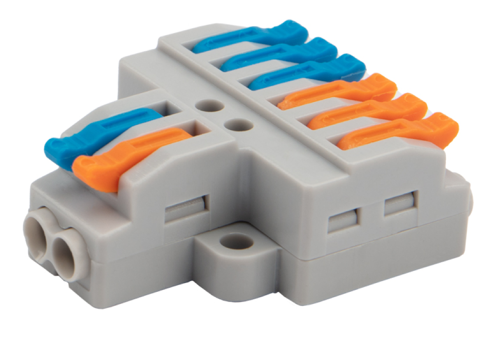 Клемма для проводов REXANT / Рексант СМК 2х3 двухполюсная проходная разветвительная с монтажной площадкой, 1 ввод/3 вывода на полюс, полиамид 66, серый, 0.14-4мм², 1шт. / зажим