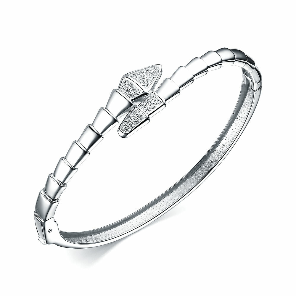 Жесткий браслет, серебро, 925 проба, родирование, фианит