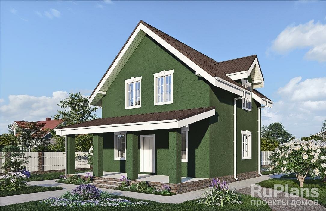 Одноэтажный дом с мансардой, террасой и кабинетом (90 м2, 11м x 8м) Rg6396