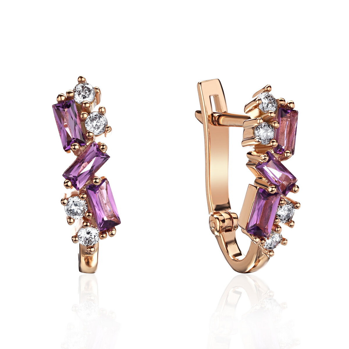 Серьги, красное золото, 585 проба, аметист, фианит