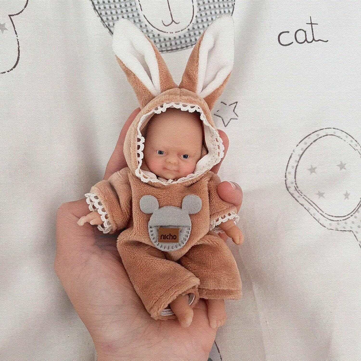 4,5-дюймовая мини-полная силиконовая кукла Reborn Baby Boy, детский подарок с одеждой кролика