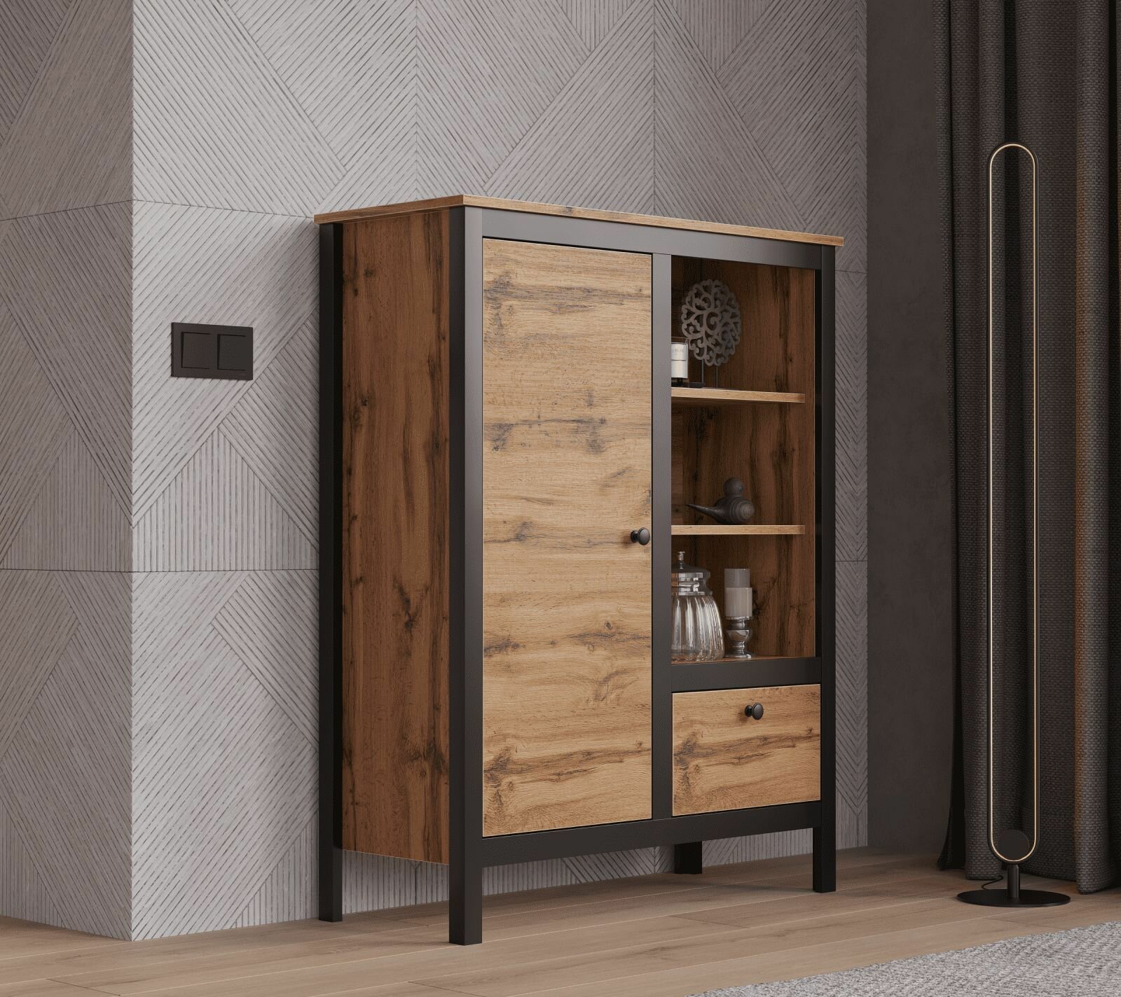 Тумба Loft REG1D1S/90 дуб вотан, напольная с ящиком и полками