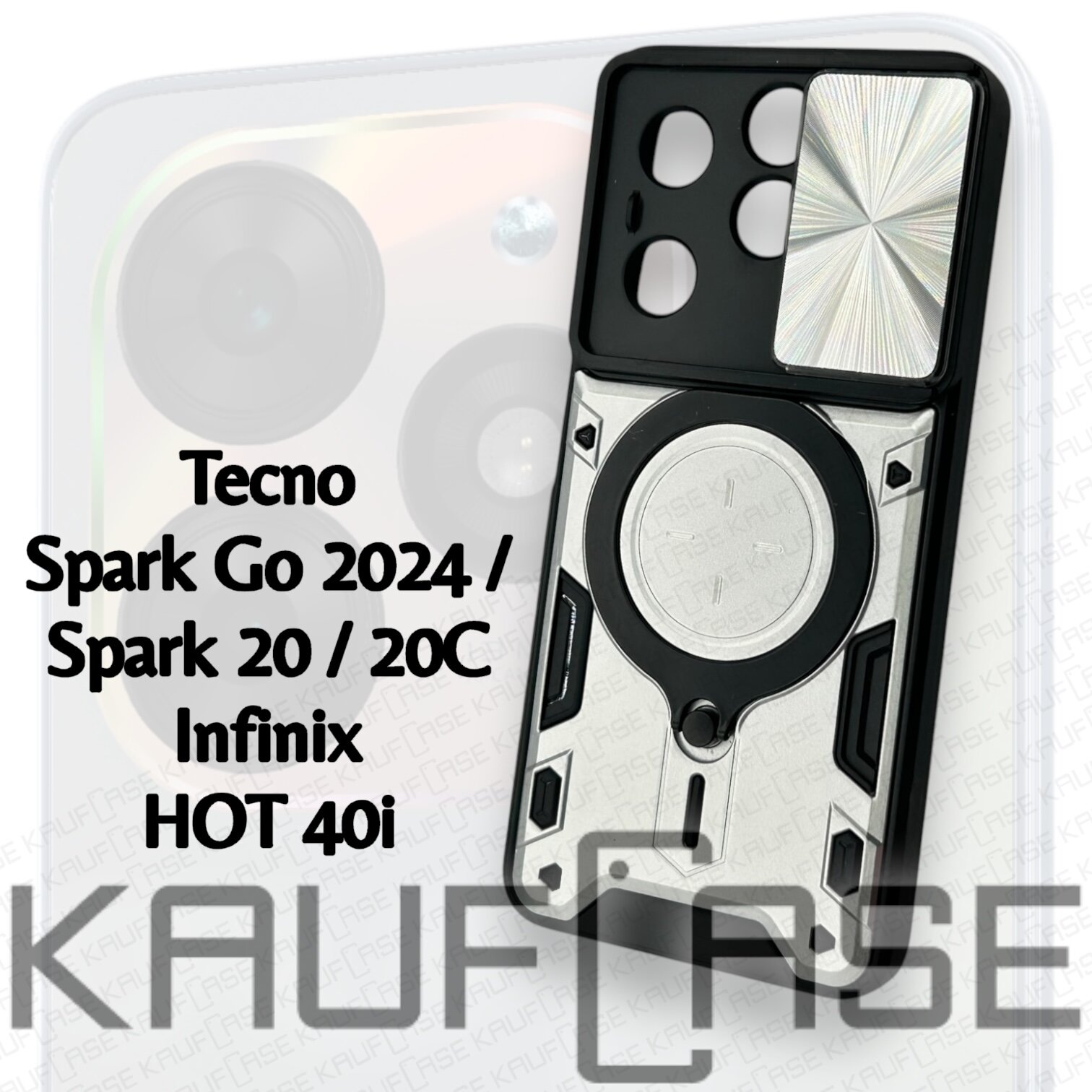 Противоударный чехол на Tecno Spark Go 2024 /Pop 8 (BG6) (6.6"), серебро. Кольцо-держатель и магнитное крепление, яркие пластиковые защитные вставки