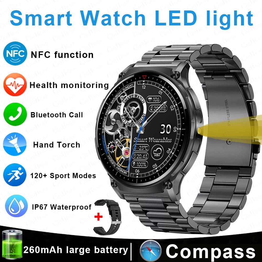 Умные часы Black Steel с NFC, LED фонариком