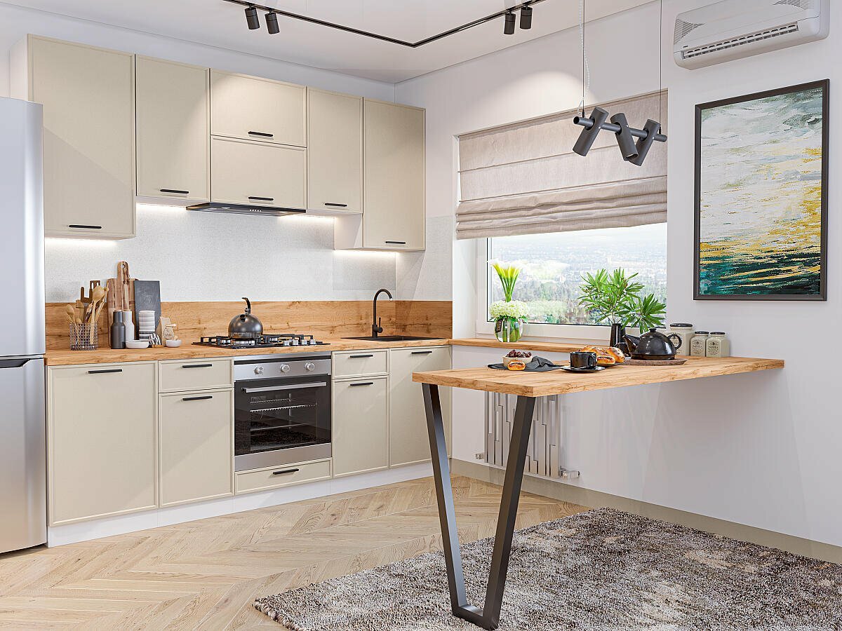 Кухня Фрейм-05, цвет фасада Cream Silk, цвет каркаса Белый, 2340*2400*600 мм