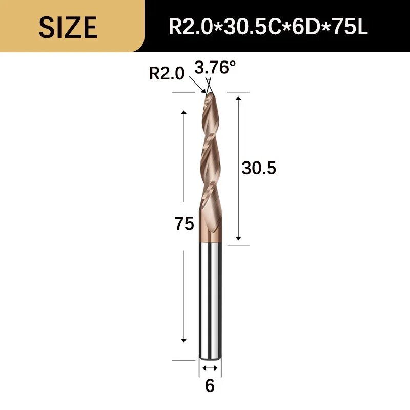 Vsharp Сферическая фреза R2.0x30.5C, 6D, 75L, 6 мм