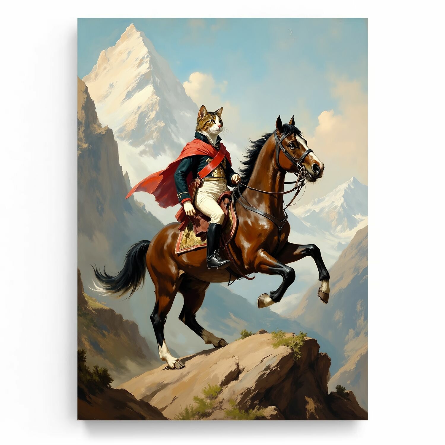 Картина "Наполеон на перевале Сен-Бернар" с котом/ прикольные картины для интерьера, 60х80 см.