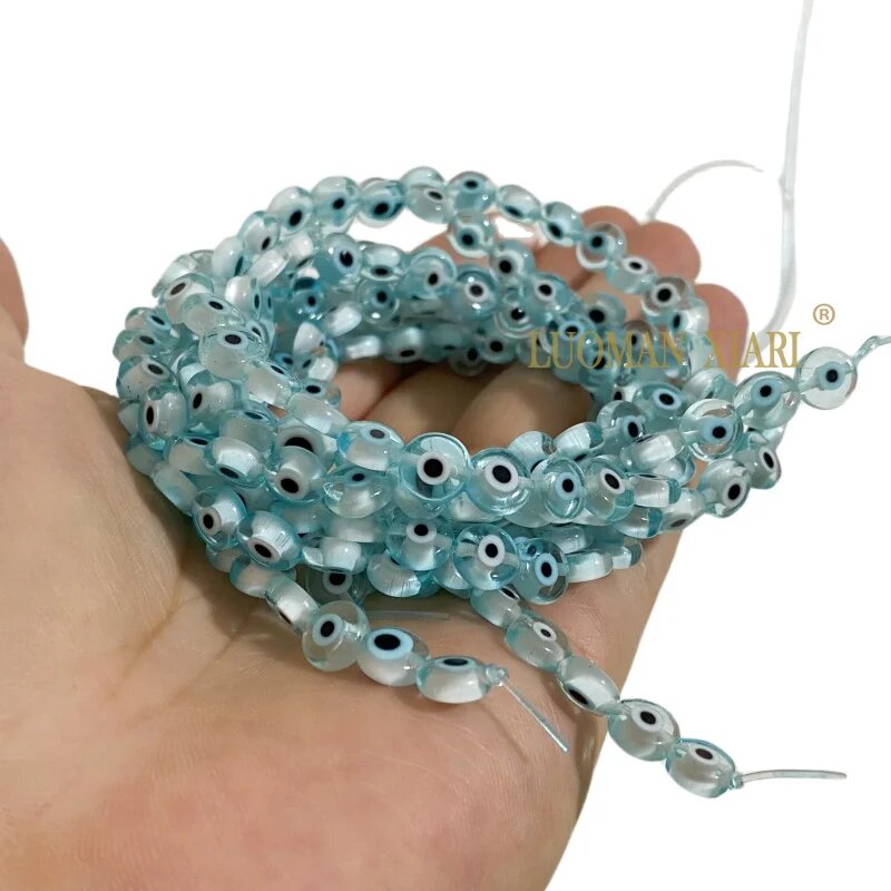 Лэмпворк бусины стеклянные голубые глаза 6 8 10 мм LUOMAN XIARI 6mm 61-63pcs, Light Blue Flat