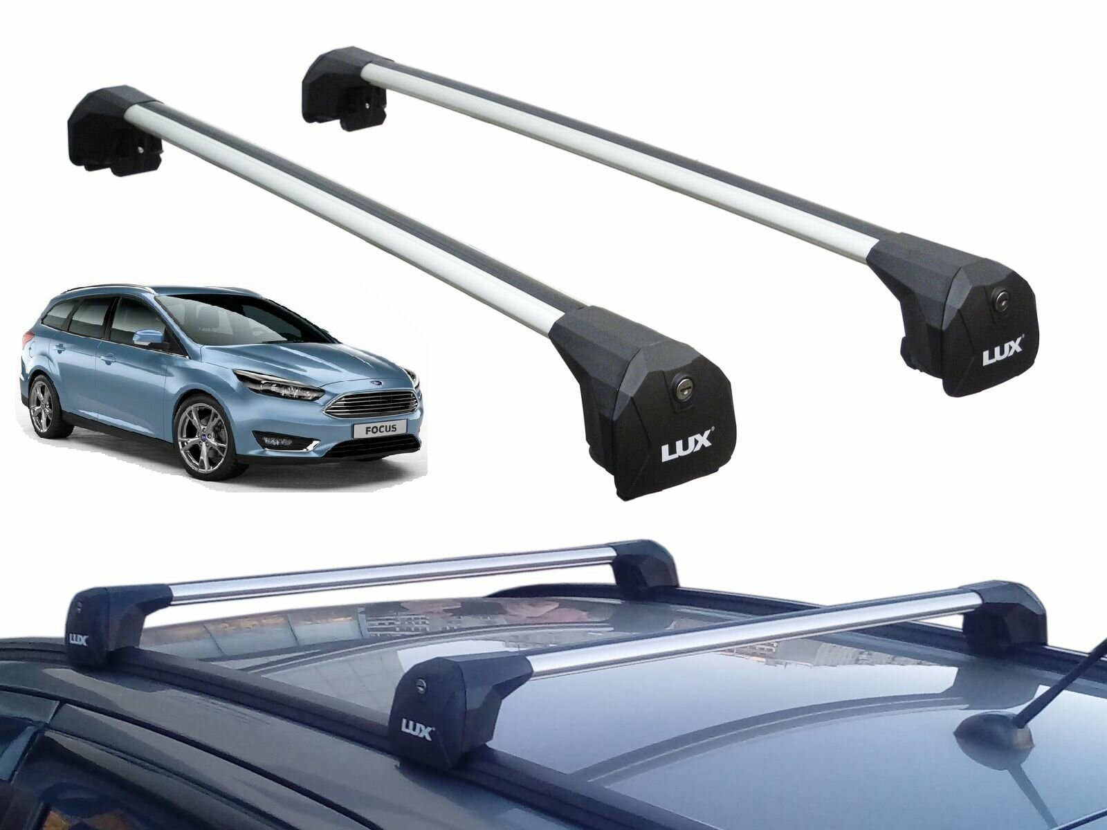 Багажник на интегрированные рейлинги Форд Фокус 3 св (Ford Focus 3 sw / wagon, 2011-.), Lux Scout, с серебристыми аэродинамическими дугами