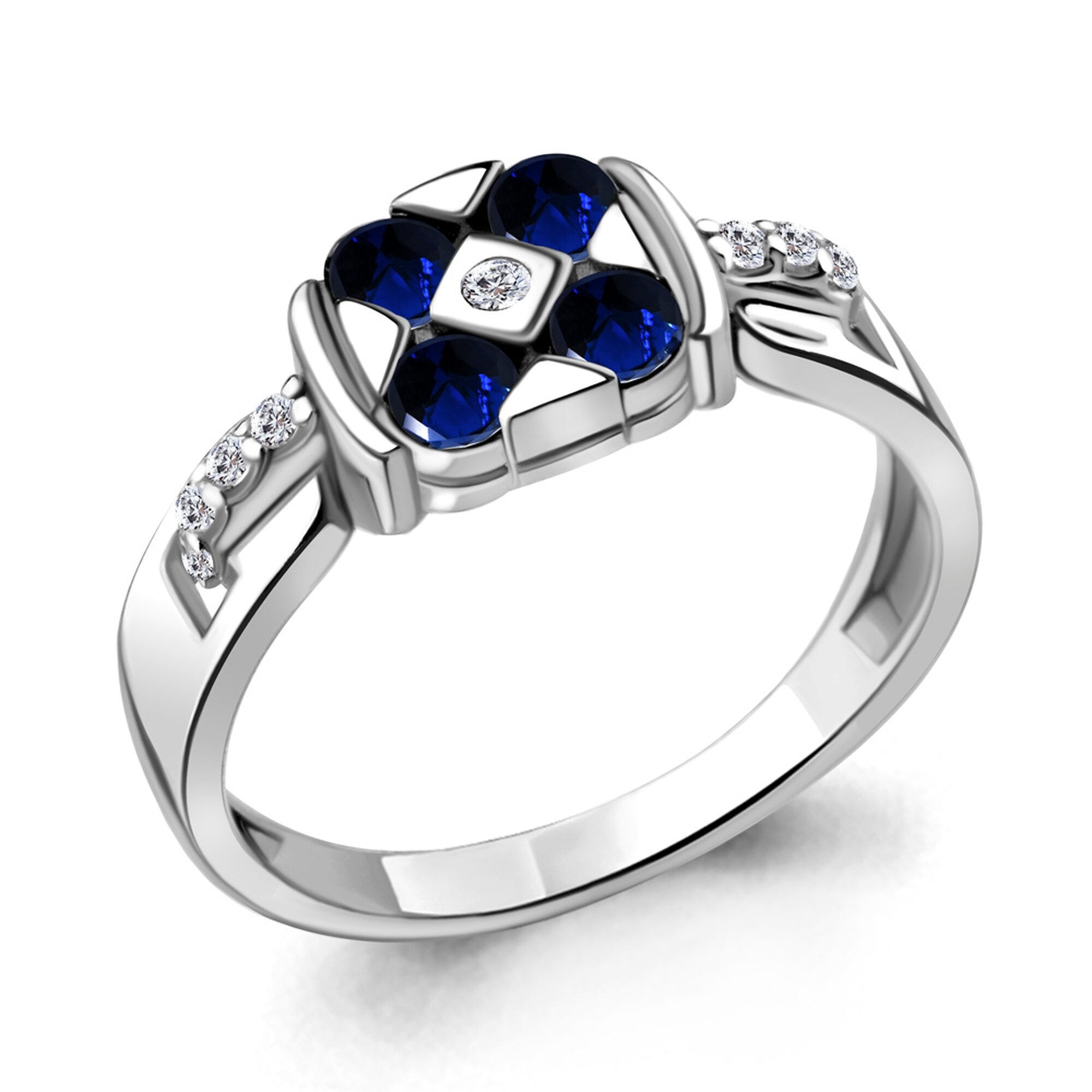 Кольцо, серебро, 925 проба, родирование, фианит, сапфир синтетический